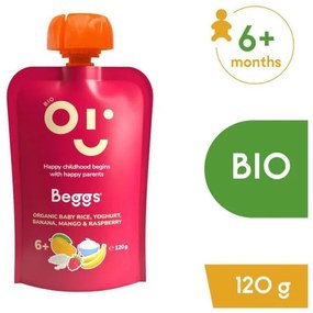 Beggs BIO Dětská rýže s jogurtem, banánem, mangem a malinami (120 g)