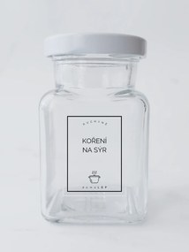 Samolepka na kořenky KOŘENÍ NA SÝR průhledná 3 × 4 cm základní písmo