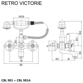 Mereo Retro Viktorie vanová nástěnná baterie 150 mm s příslušenstvím mosaz chrom CBL901
