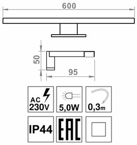 FURNIKA LED osvětlení - ALA 60 stříbrná, do koupelny, délka 60 cm, IP 44