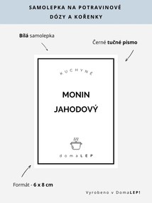Samolepka na láhev MONIN JAHODOVÝ 6 x 8 cm – bílá vinylová, voděodolná, omyvatelná samolepka na dózy, tučné písmo