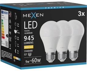 Mexen Nova 3x LED žárovka E27, A60, 9W, Teplá - 3000K, 945 lm - L100-E27-0930-01x03