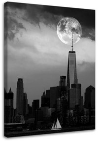Gario Obraz na plátně Měsíc v úplňku nad 1 World Trade Center čb&amp;w - Dmitry Belov Rozměry: 40 x 60 cm