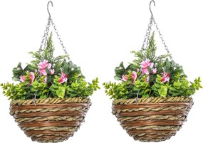 Outsunny Sada 2 Umělých Rostlin Lisianthus v Květináči s Háčkem, Umělé Rostliny z PE a Slinky, Ø25x34 cm, Zelená a Růžová