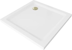 Mexen Flat čtvercová sprchová vanička slim 90 x 90 cm, bílá, sifon zlatý - 40109090G
