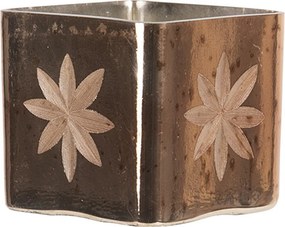 Hnědý skleněný svícen na čajovou svíčku s vyrytou květinou - 10*10*10 cm