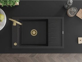 Mexen Elias, granitový dřez granitový 795x480x200 mm, 1-komorový, černá-stříbrná metalíza se zlatým sifonem, 6511791005-73-G