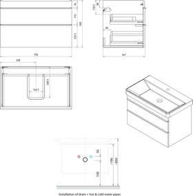 Sapho SITIA umyvadlová skříňka 75,6 x 50 x 43,4 cm 2x zásuvka borovice rustik SI080-1616