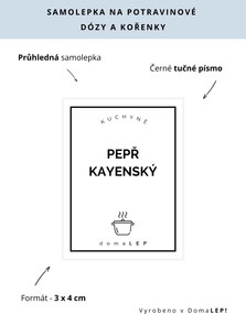 Samolepka na kořenky PEPŘ KAYENSKÝ průhledná 3 × 4 cm tučné písmo