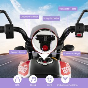 Costway Elektrická dětská motorka Aprilia s tréninkovými koly a hudbou a – bílý