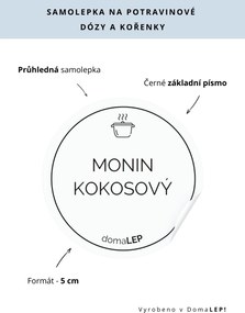 Samolepka na láhev MONIN KOKOSOVÝ průměr 5 cm – průhledná vinylová, voděodolná, omyvatelná samolepka na dózy, základní písmo