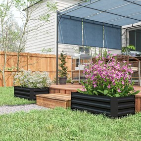 Outsunny Sada 2 Vysokých Zahradních Truhlíků 100L x 50W x 30H cm - Vlnitý Ocelový Černý