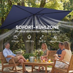 Slunečník LED Solar cca 300 x 200 cm skládací balkonový slunečník s ochranným krytem na kliku, UV ochrana, otočný tmavě modrý