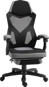 Herní kancelářská židle Vinsetto s nastavitelnou výškou, otáčecími kolečky a podnožkou, síťovina, 58L x 63W x 112-122H cm, šedá a černá