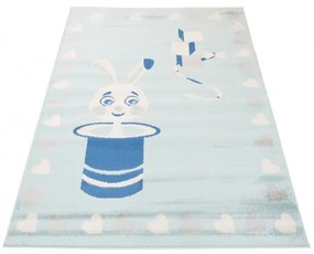 Dětský kusový koberec HAPPY E662A Zajíc v klobouku srdíčka modrý Rozměr: 80x150 cm