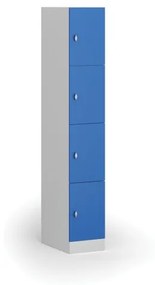 Šatní skříňka s úložnými boxy, 4 boxy, 1850 x 300 x 500 mm, otočný zámek, modré dveře