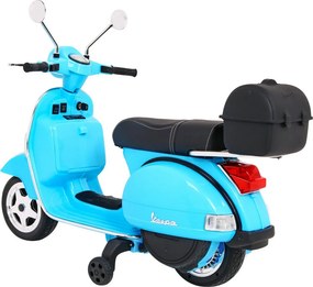 Ramiz Elektrický skútr Vespa pro děti modrý + pomocná kolečka + audio + ekokůže + EVA + plynulý start