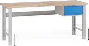 Výškově nastavitelný dílenský stůl G7, buková spárovka, 2000 x 800 x 840-1040 mm, 1x kontejner, 1 zásuvka, modrá
