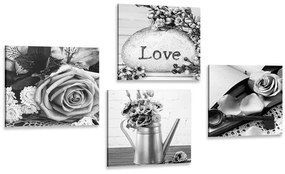 Set obrazů černobílé vintage zátiší s nápisem Love