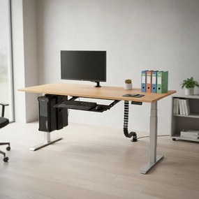 Výškově nastavitelný stůl OfficeTech D, 200 x 80 cm, šedá podnož, buk