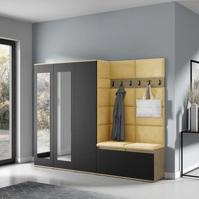 Eka Předsíňová stěna s čalouněnými panely Trinity 15 - Dub Artisan s černou / Žlutá 2318
