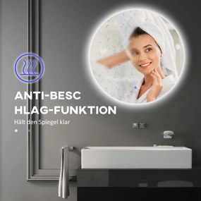 kleankin koupelnové zrcadlo s osvětlením Ø60 cm, nástěnné zrcadlo se 3 barvami světla, IP44, dotykový spínač, paměťová funkce, proti zamlžování | Aos…