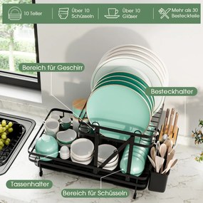 Costway Dish Drainer 2-vrstvý skládací kovový stojan na nádobí, černý