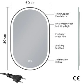 Erga Gwen, oválné LED zrcadlo 60x80cm v černém kovovém rámu, 3 barvy světla, přední osvětlení, vyhřívací podložka proti zapaření, ERG-V01-GWEN-6080-BK