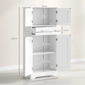 HOMCOM Moderní Kuchyňský Kabinet Buffet s Úložným Prostorem a Regály, Zásuvkou pro Jídelnu a Obývací Pokoj, 60 x 30 x 128 cm, Bílá
