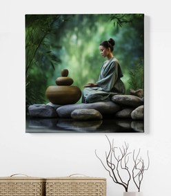 Obraz na plátně - Meditace, žena u dřevěných misek FeelHappy.cz Velikost obrazu: 100 x 100 cm