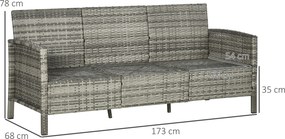 Třímístná zahradní ratanová pohovka Outsunny s polštáři, ocelový rám, šedá barva, 173 x 68 x 78 cm, ideální na terasu a balkon |