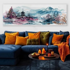 Obraz na plátně - Japonské hory s malou modlitebnou FeelHappy.cz Velikost obrazu (šířka x výška): 120 x 40 cm