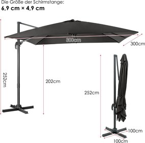 Costway Slunečník čtvercový s klikou – 300 × 300 cm, černý