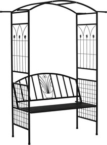 Zahradní oblouk Outsunny s lavičkou, kovový treláž na popínavé rostliny, černý, 154 x 60 x 205 cm