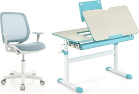 Costway Výškově nastavitelný dětský psací stůl + dětská otočná židle set – modrý