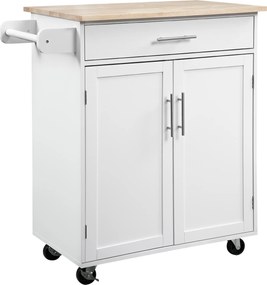 HOMCOM Kuchyňský vozík na kolečkách, servírovací vozík, kuchyňský ostrov s zásuvkou, skříňkou a držákem na utěrky - 83D x 45Š x 91,5V cm Bílý