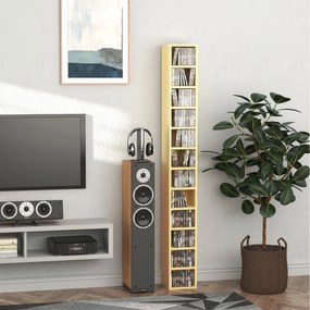 HOMCOM Úložný sloupec na CD a DVD, regál se 12 přihrádkami, kapacita max. 204 CD, 21 x 20 x 175 cm, přírodní dřevo