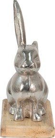 Dekorace stříbrný kovový králík na dřevěném podstavci - 21*11*28 cm
