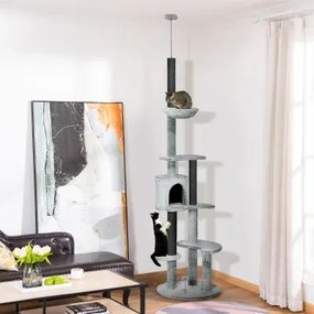 Stropní škrabadlo PawHut výškově nastavitelné 225-255 cm s ochranou proti překlopení Jeskyně pro kočky Škrabadla Hrací míč Grey
