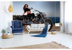 DIMEX | Samolepicí vliesová fototapeta na zeď Dívka na motorce MA-5-0312 | 375 x 250 cm | modrá, béžová, černá, metalická