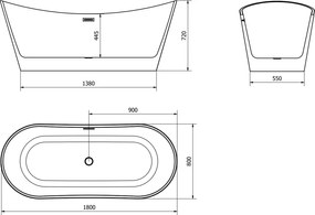 Mexen Montana, volně stojící vana 180 x 80 cm, bílá, černý matný přepad, 52011808000-70