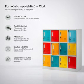 Plechová šatní skříň s 12 boxy OLA, 1090 x 1200 x 450 mm, šedo-více barevní