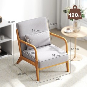 HOMCOM Lounge Křeslo Nordic Křeslo Obývací Pokoj S Rukama Polštář a Rám z Kaučukovníku pro Ložnici Nosnost 120 kg 61x78x76 cm Šedé