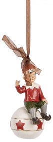 Vánoční závěsná dekorace veselý elf na červeno-bílé ozdobě – 5x5x10 cm