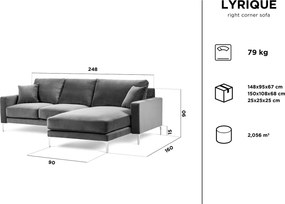 KOOKO HOME Čtyřmístná rohová sametová pohovka Lyrique pravý roh