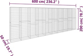Gabionová zeď s víkem z pozinkované oceli 600 x 50 x 200 cm 145089