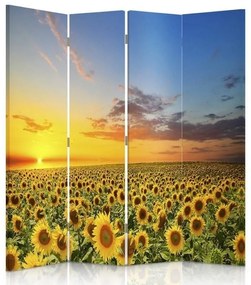 Ozdobný paraván, Krajina se slunečnicemi - 145x170 cm, čtyřdílný, obustranný paraván 360°