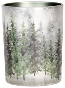 Sada 2 šedé skleněné svícny zelené jehličnaté stromky – 10x22 cm
