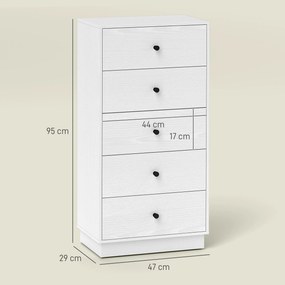 HOMCOM Úzká komoda se 5 zásuvkami do ložnice s vysokou skříní proti převrhnutí pro obývací pokoj či chodbu 47x29x95 cm Bílá