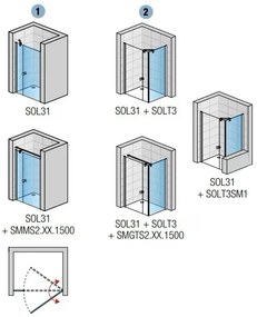Ronal (Sanswiss) Ronal, SOLINO Black Line 1-křídlé dveře s pantem u zdi a s pevnou stěnou v rovině SOL31, š. 110 cm Sklo: 07 čiré